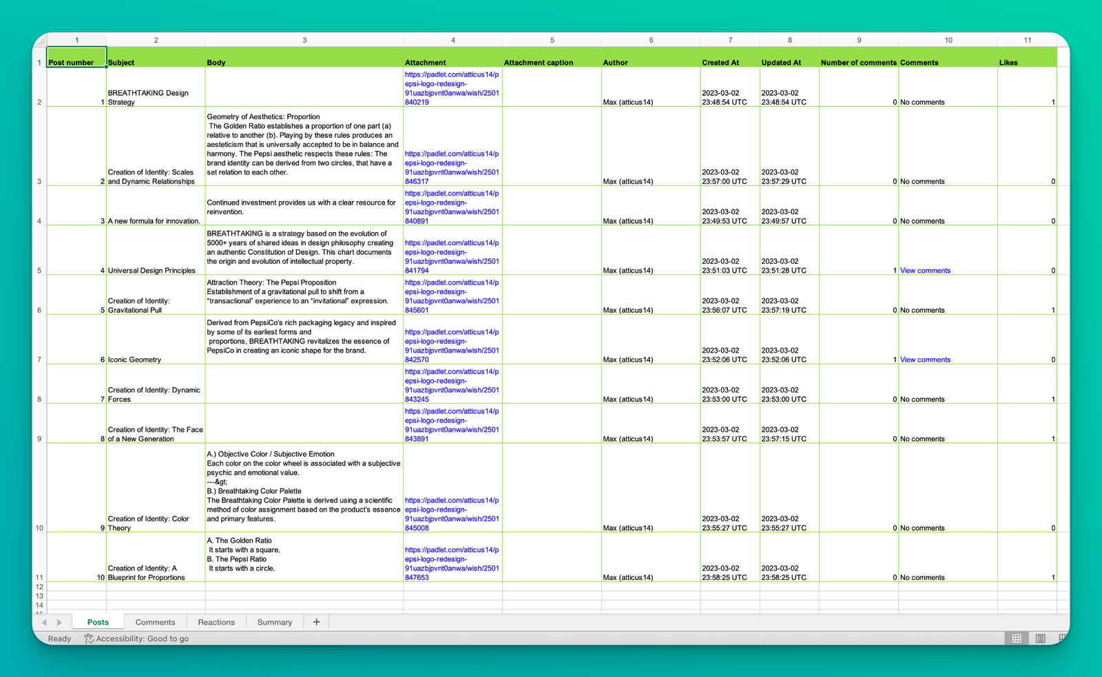 Comprehensive spreadsheet exports